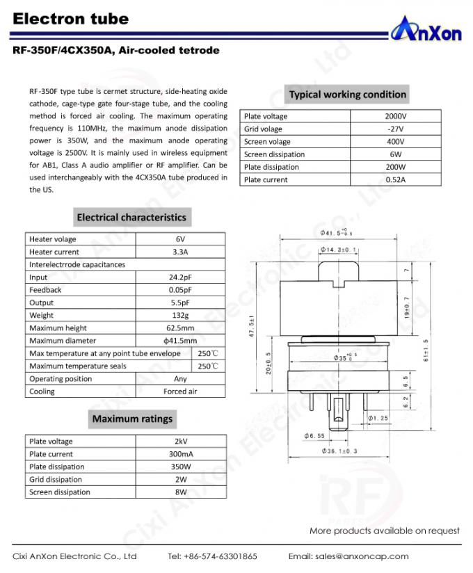 Vacuum Electron Tube for RF amplifier 4CX350A Air-cooled tetrode