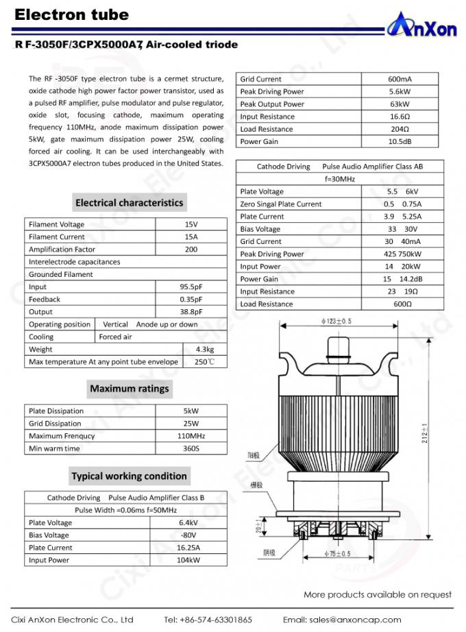 Pulsed Modulator and RF amplifier tube RF-3050F 3CPX5000A7 Forced air ...